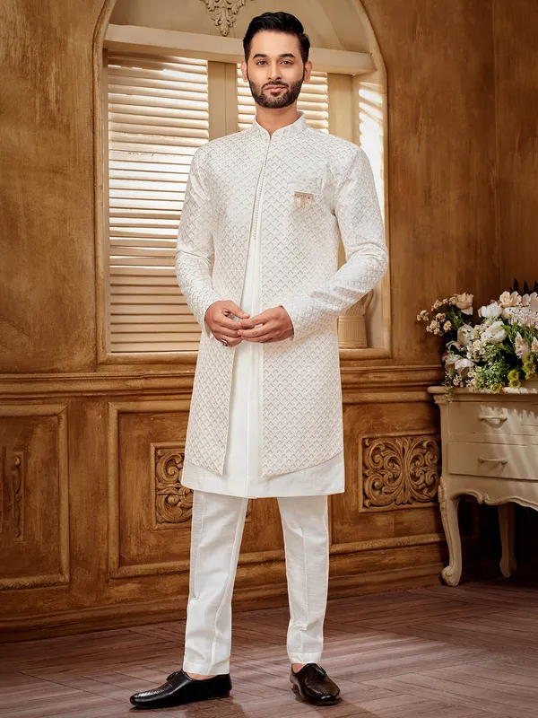 White raw silk jacket with sequins and zari work-G3-MIW8273