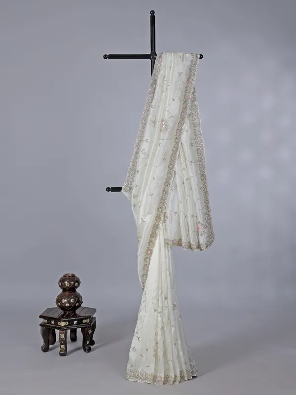 White semi tissue silk saree with elegant...