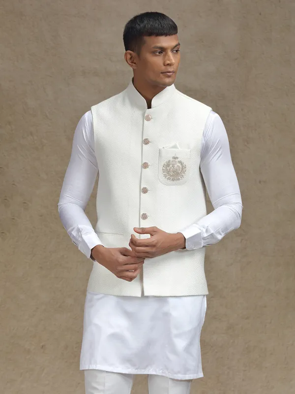 White waistcoat set with intricate work for mens wear-G3-MWCS302
