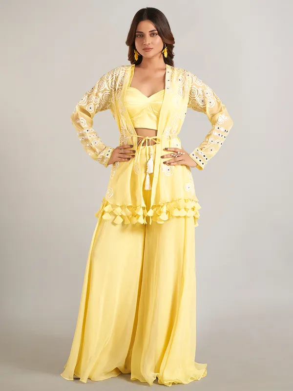 Yellow jacket style palazzo suit in soft georgette-G3-WSS43007