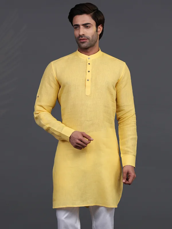 Yellow linen full sleeeves only kurta-G3-MSP0588
