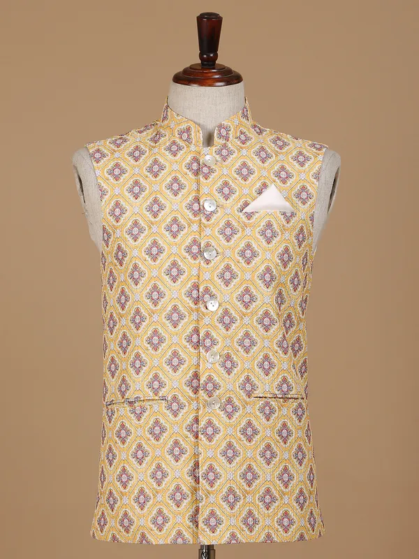 Yellow silk printed waistcoat-G3-MWC2263 | United States