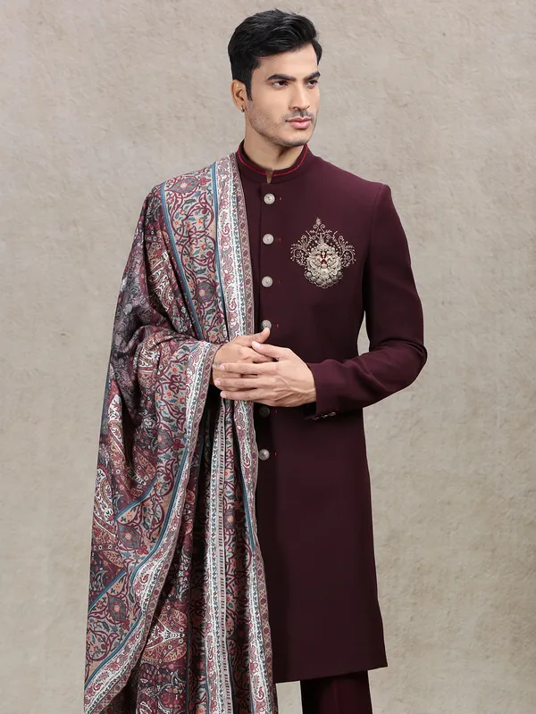 Aesthetic wine sherwani with vintage printed dupatta-G3-MSH8217