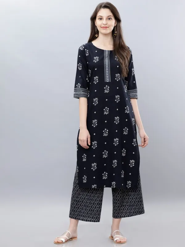 Buy Vishudh Navy Blue & Off White Ethnic Motifs Printed Straight...