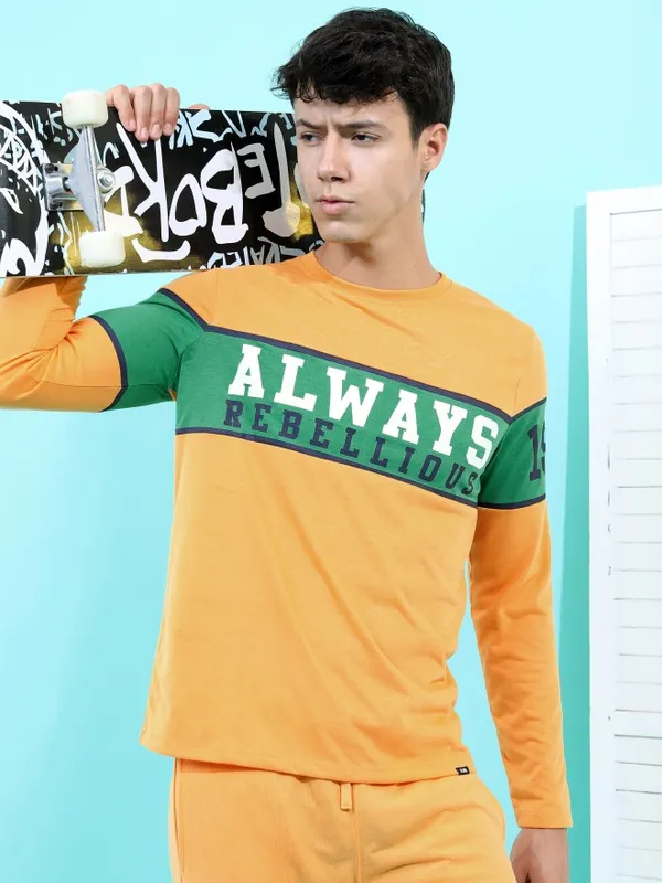 Buy Highlander Yellow Printed Round Neck Cotton T-Shirt for Men...