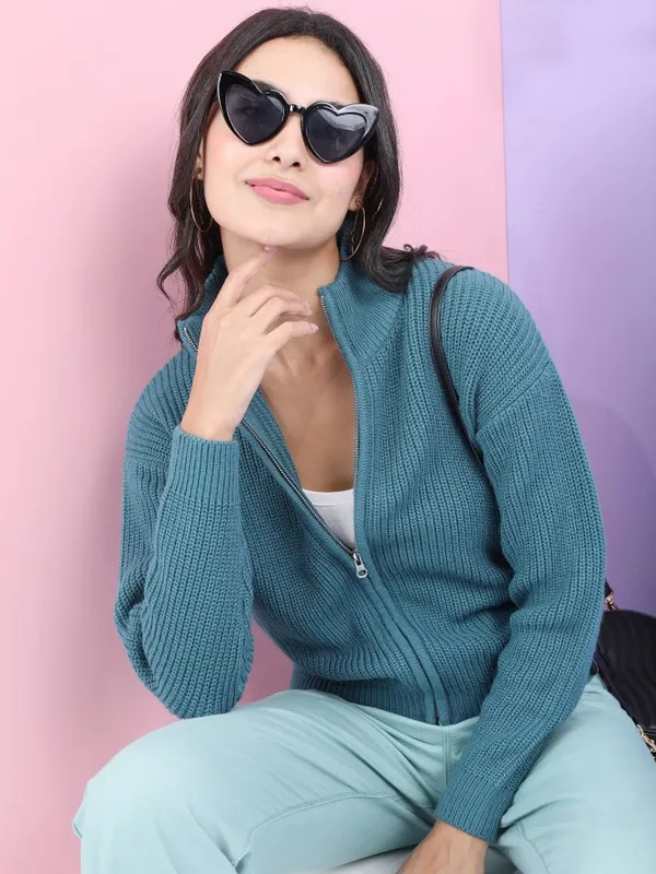 Buy Tokyo Talkies Teal High Neck Long Seeve Sweater for Women...