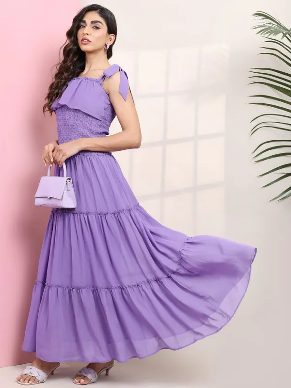 Buy Tokyo Talkies Purple Printed Tiered Maxi Fit & Flared Dress...