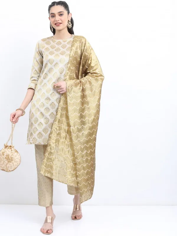 Buy Ketch Beige Brocade Kurta With Trouser And Dupatta for Women...