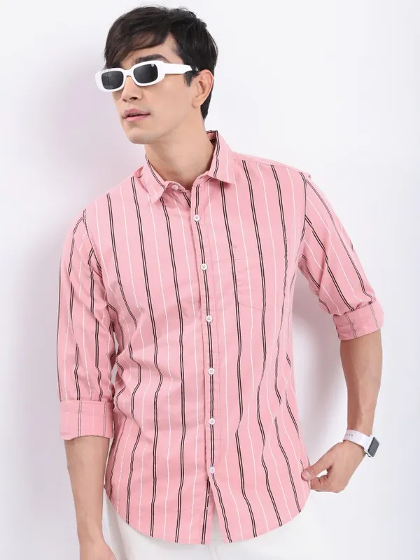 Buy Highlander Pink Striped Slim Fit Casual Shirt for Men Online...