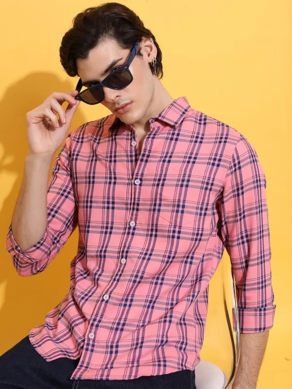 Buy Highlander Pink Checked Slim Fit Casual Shirt for Men Online...