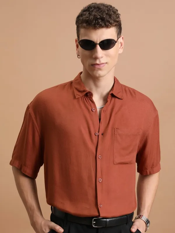 Buy Highlander Rust Solid Oversized Fit Casual Shirt Online - HLSH015059