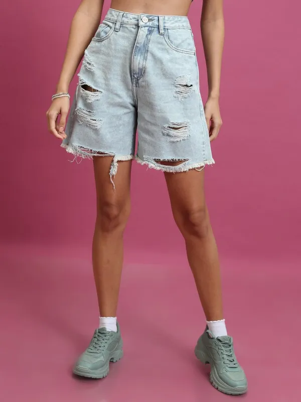 Buy Tokyo Talkies Light Blue Regular Fit Denim Shorts for Women...