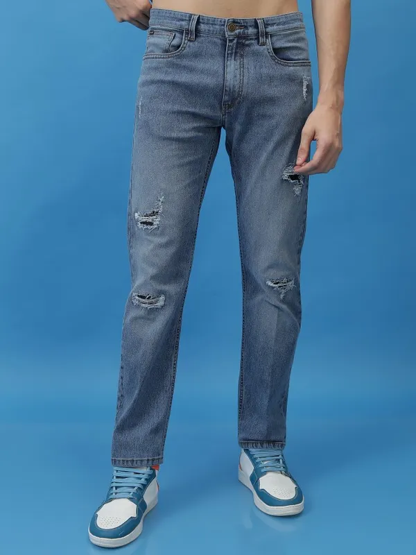 Buy Highlander Light Blue Straight Fit Highly Distressed...