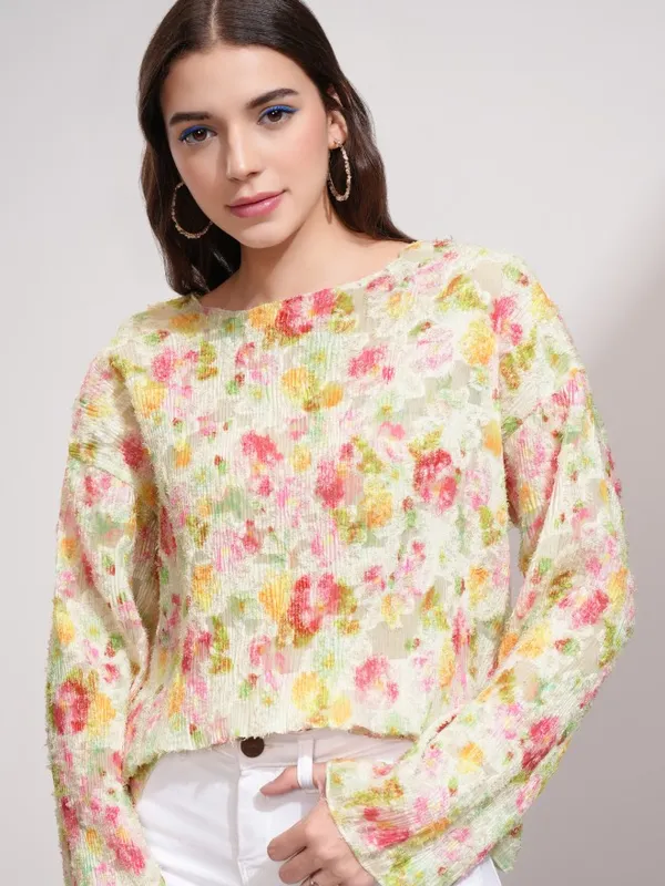 Buy Tokyo Talkies Multicolour Self Design Boxy Top for Women...