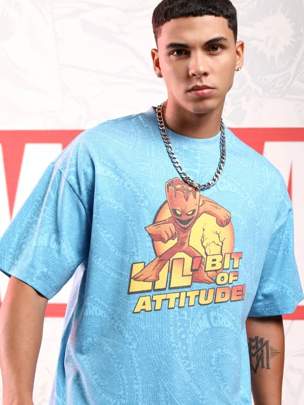 Marvel By Highlander Men Blue Groot Printed Round Neck Oversized...