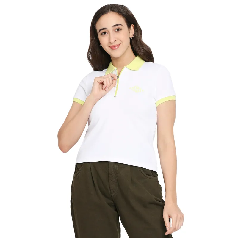 Being Human Crop Slim Fit Women Polo Neck T-Shirts-White